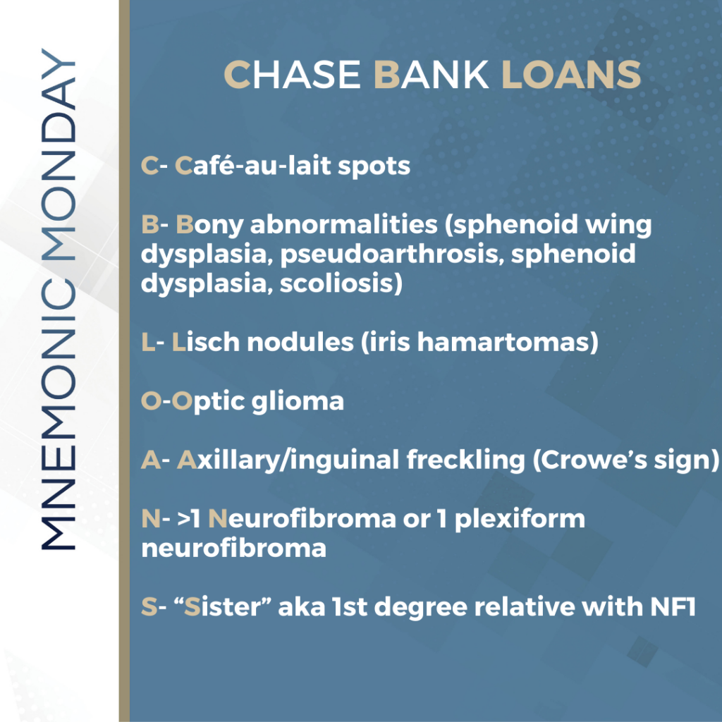 It's Mnemonic Monday! Neurofibromatosis Major Diagnostic Criteria ...
